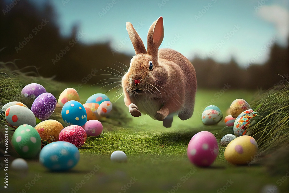 Running happy Easter bunny with eggs flying everywhere created by ...