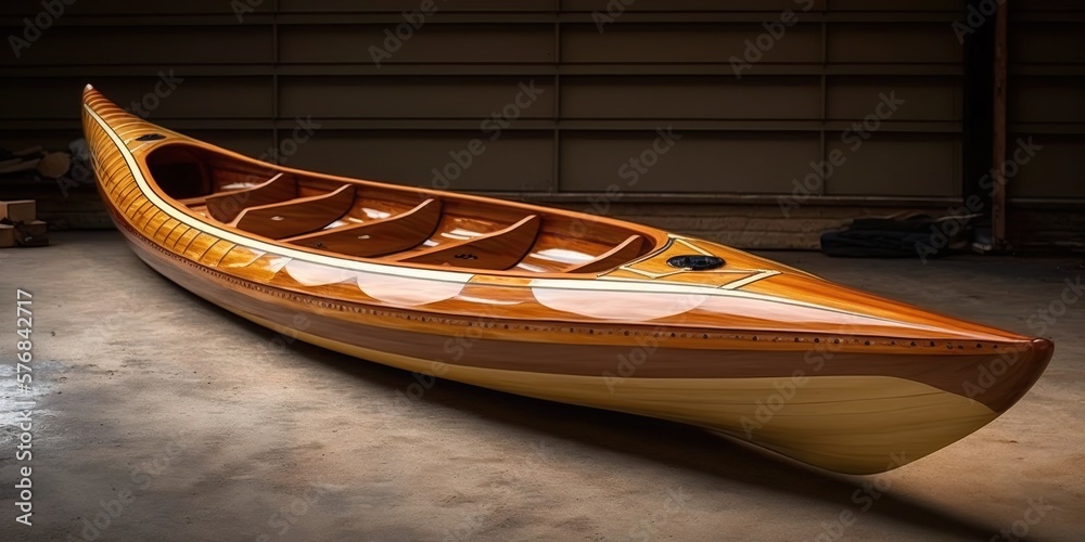 Hand crafted wooden kayak finished with varnish and ready for trip down ...