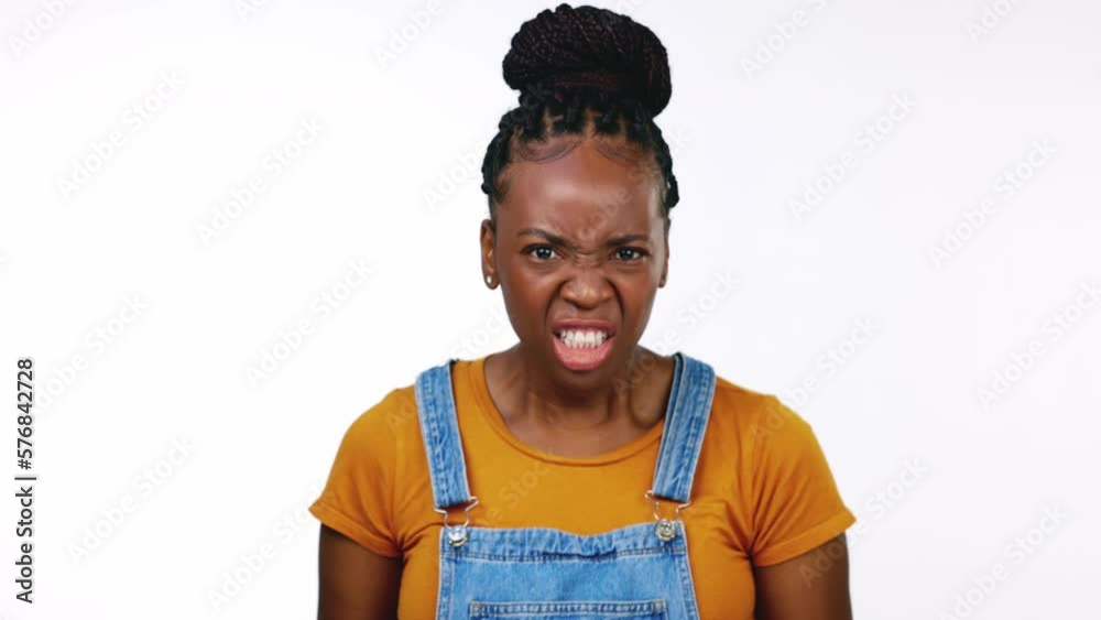 Angry, shouting and frustrated with face of black woman for stress, mad ...