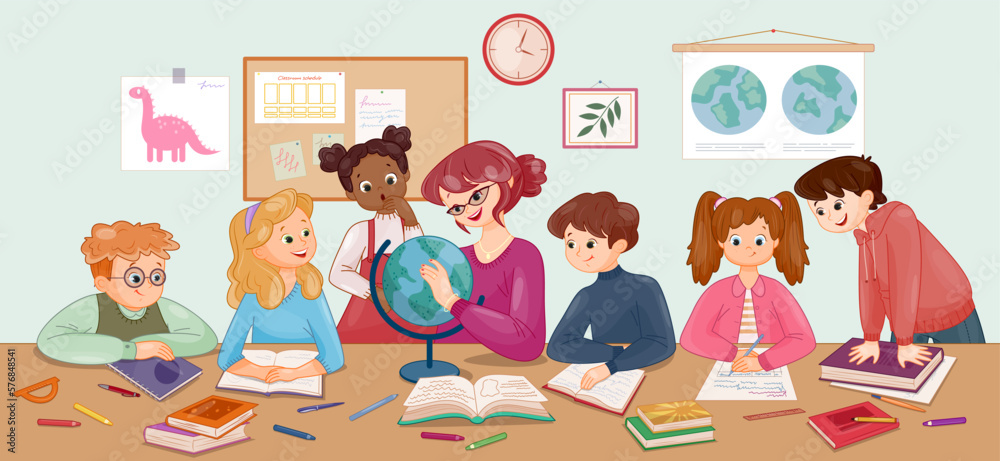 Children in art class with teacher. Little boys and girls have fun ...