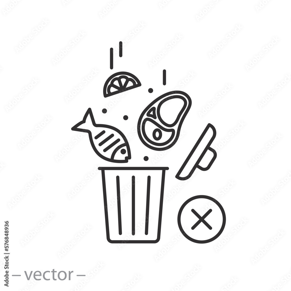 don't waste food icon, trash bin with meal leftovers, thin line symbol ...