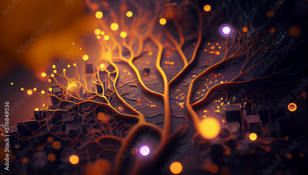 Artful depiction of a neural network AI illustrated, virtual neurons ...