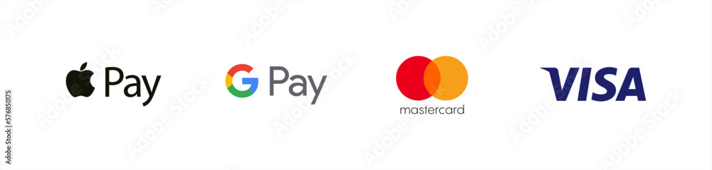Online payment methods systems icons set, card company logo: Visa, Mastercard, Apple Pay, Google ...