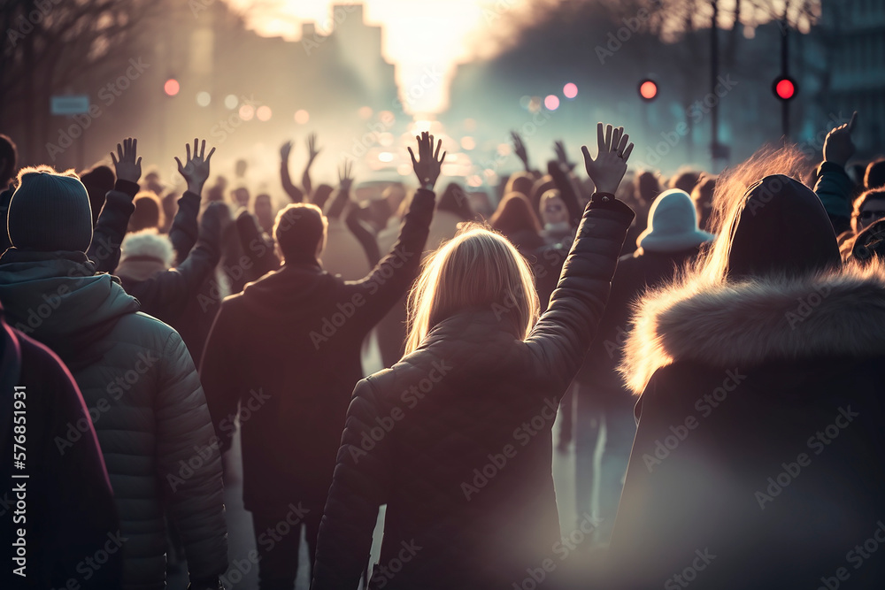 Crowd of people at a protest rally in America against the current ...