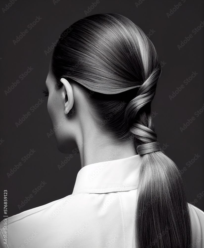 Woman with ponytail hairstyle, rear view. Digitally AI generated image ...