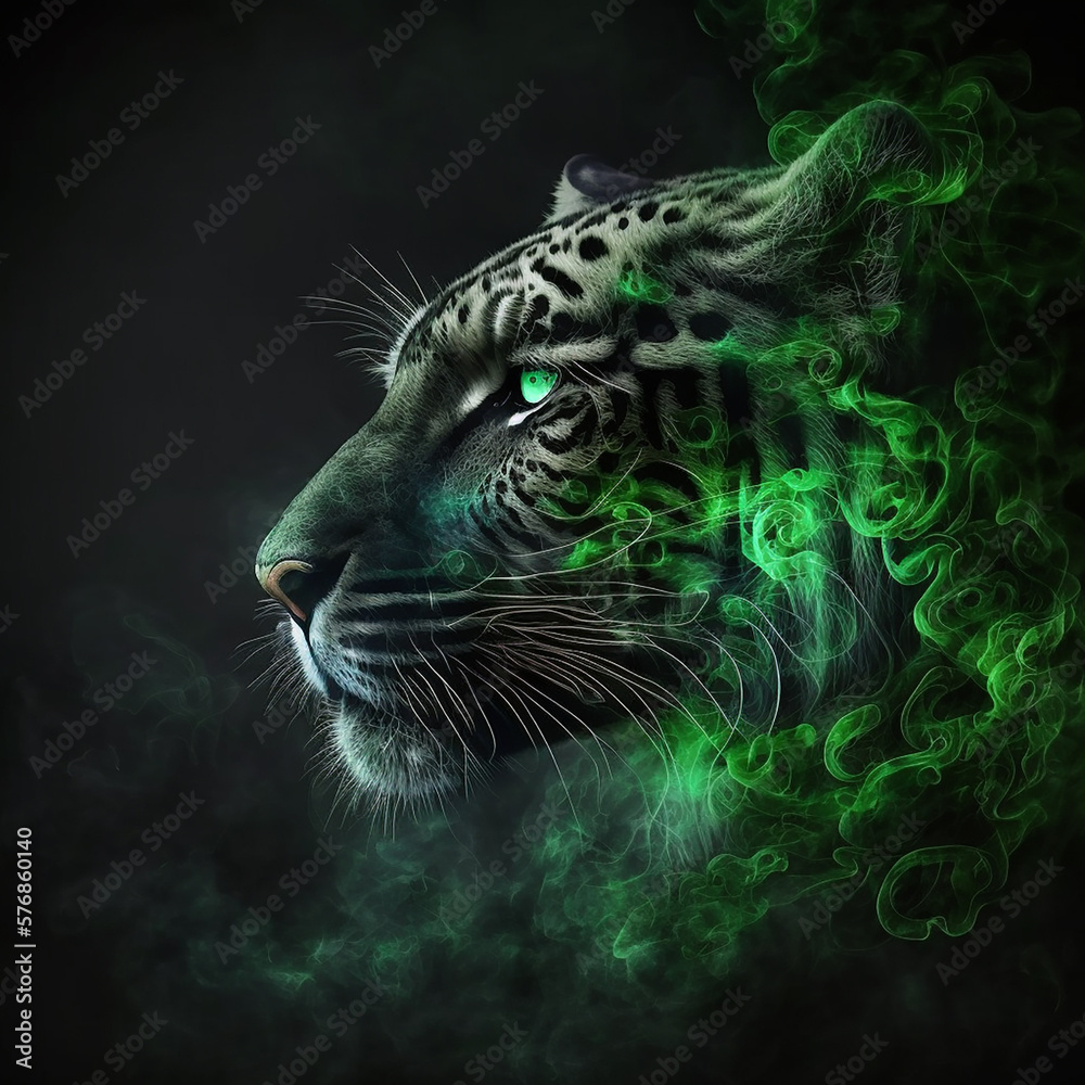 Kennels of muzzle of leopard with green eyes are dissolving in smoke on ...