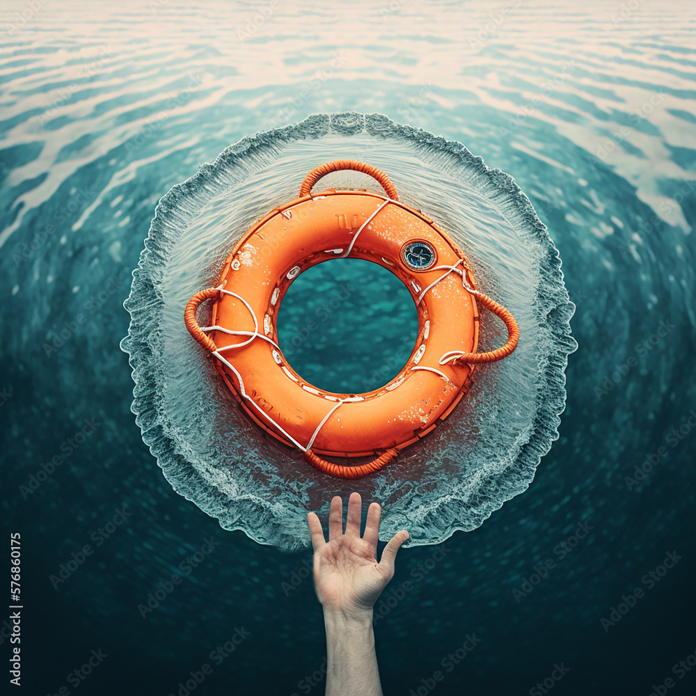 Orange life buoy on surface of sea, human hand from depths of sea ...