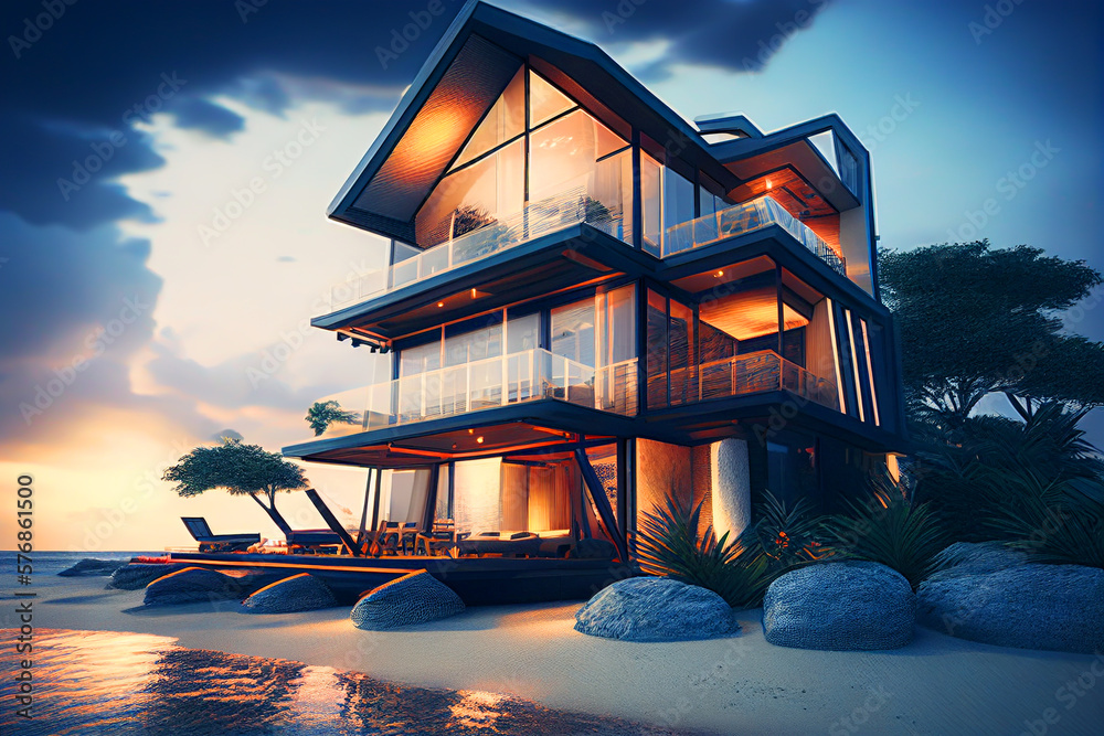 Prefab House at Beach on sunset. Suburban Townhouse near ocean ...