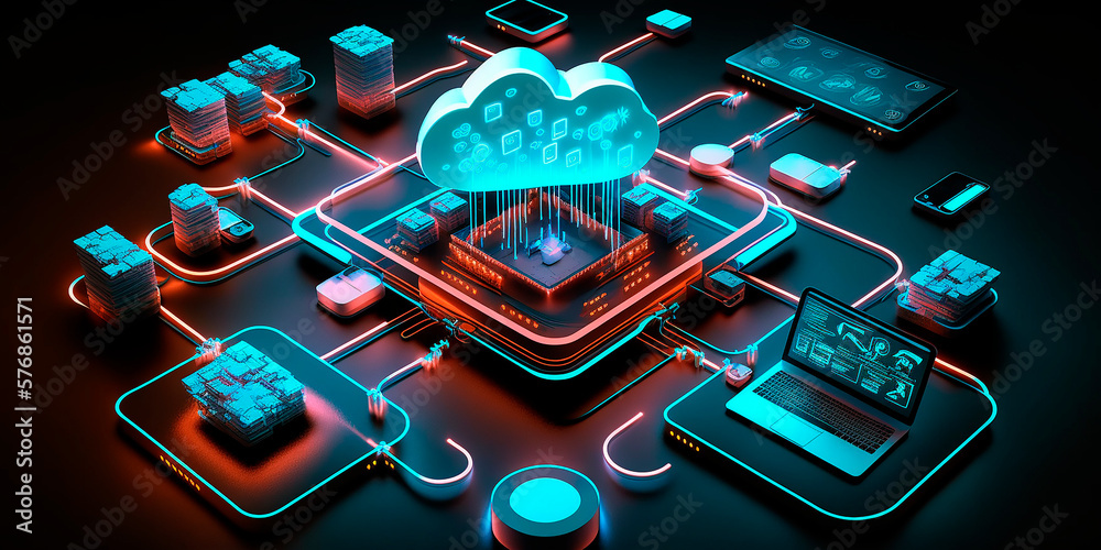 Cloud storage communication with computer. Hosting and data processing. Virtual development ...