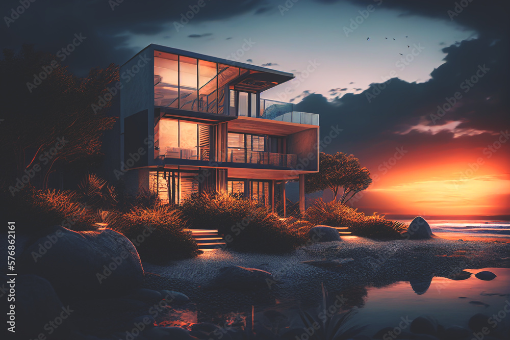 Prefab House at Beach on sunset. Suburban Townhouse near ocean ...