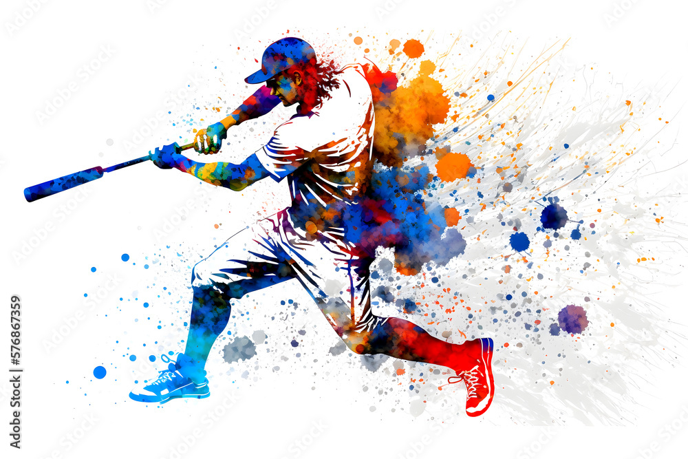 Baseball Player with multicolored paint splash, isolated on white ...