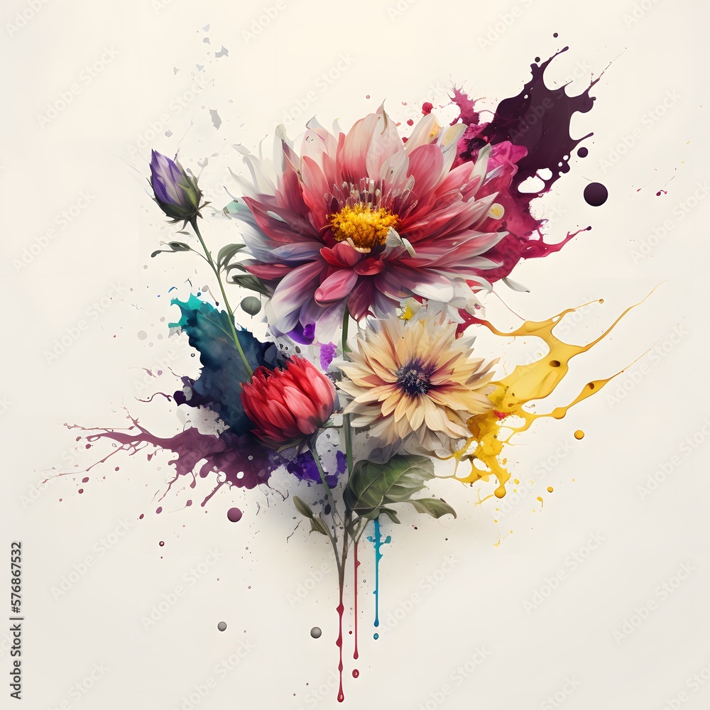 Watercolor stylized flowers with paint splashes . Bouquet of flowers ...
