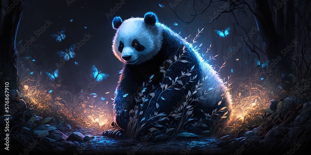Transparent glowing panda in night forest, concept of Illumination and ...