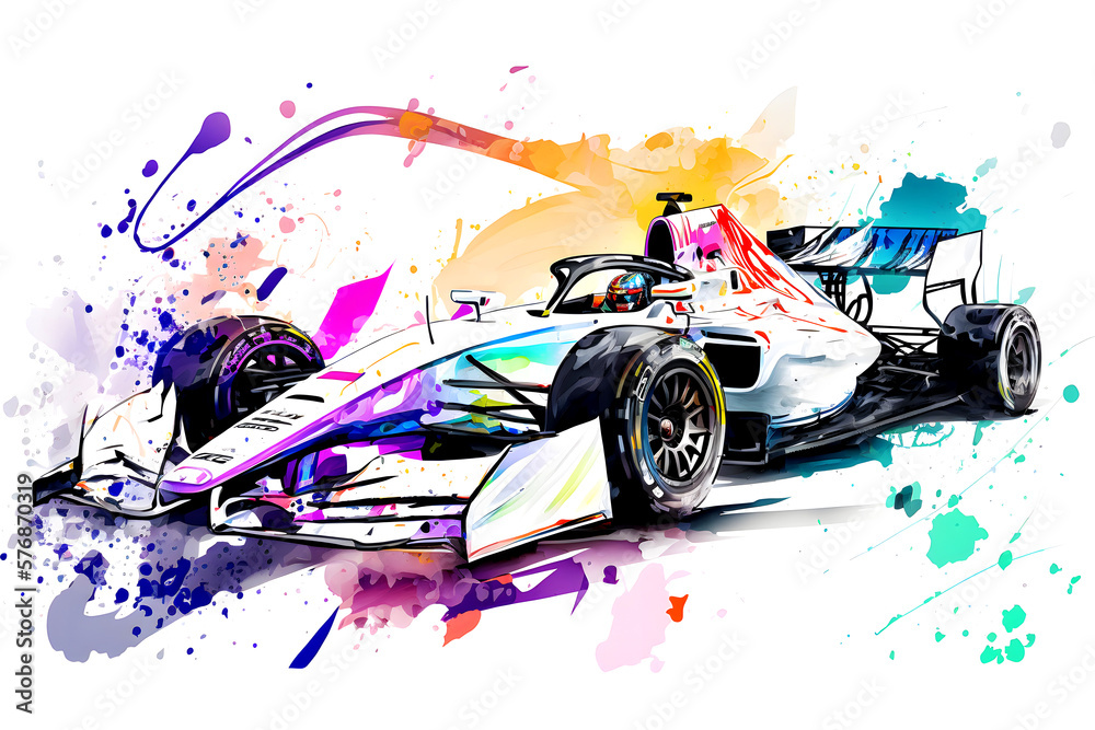 formula one race red car on watercolor rainbow splash, isolated on ...