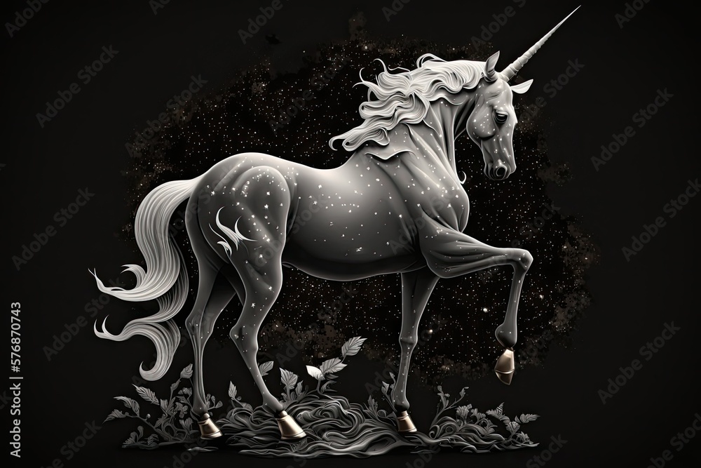 The majestic horned horse of mythology, the unicorn, on a pitch black ...