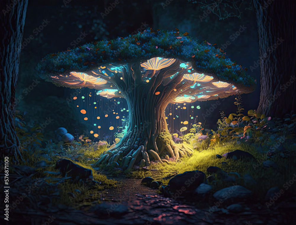 An enchanted forest with a massive tree at the center, glowing mushrooms and fireflies lighting ...