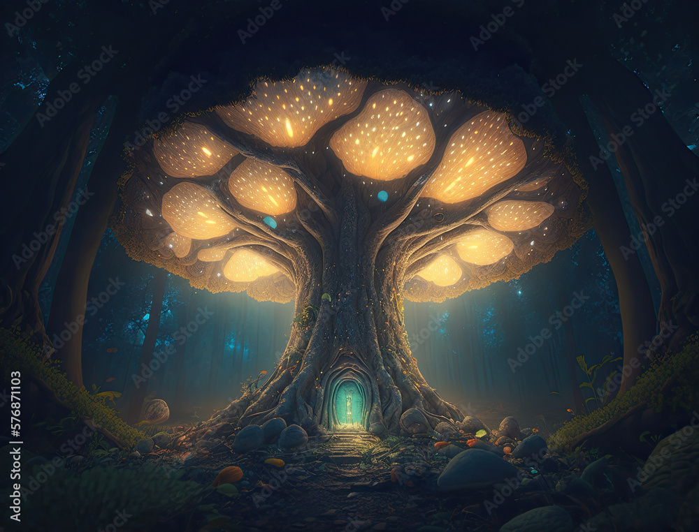 An enchanted forest with a massive tree at the center, glowing mushrooms and fireflies lighting ...