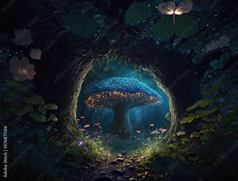 An enchanted forest with a massive tree at the center, glowing mushrooms and fireflies lighting ...