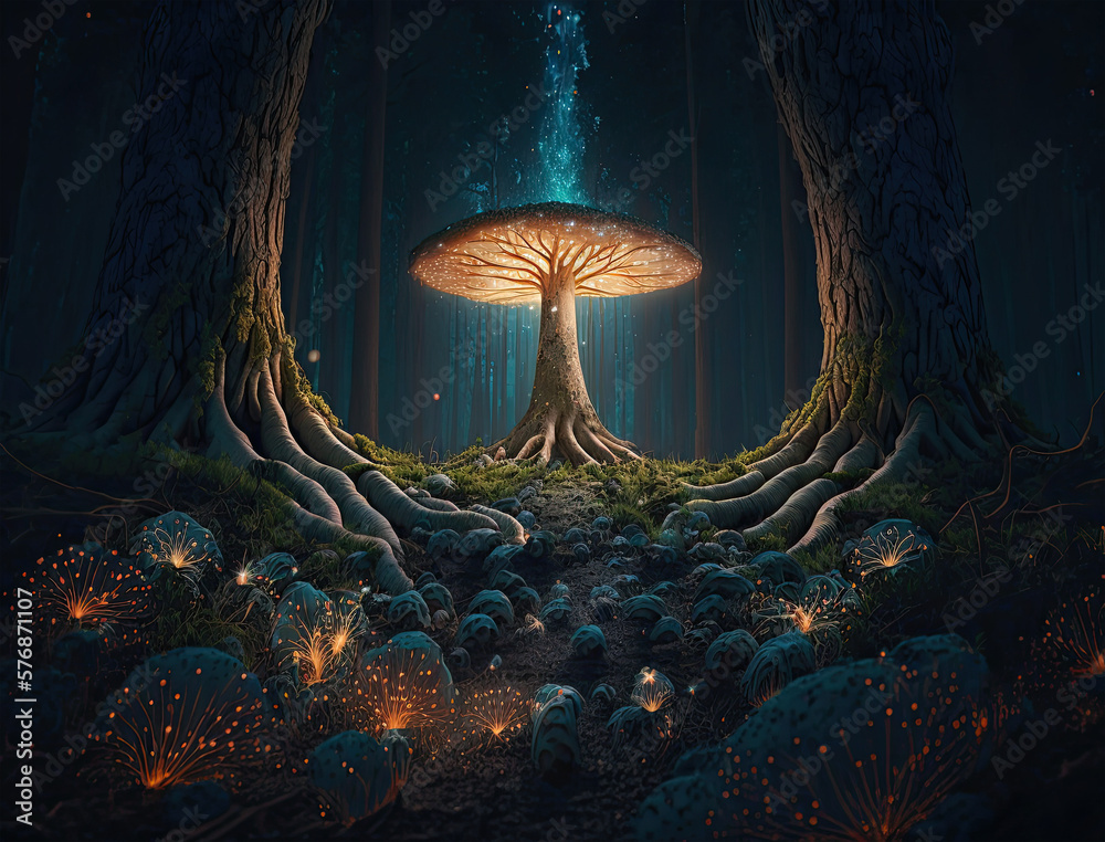 An enchanted forest with a massive tree at the center, glowing mushrooms and fireflies lighting ...