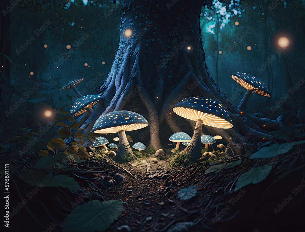 An enchanted forest with a massive tree at the center, glowing mushrooms and fireflies lighting ...