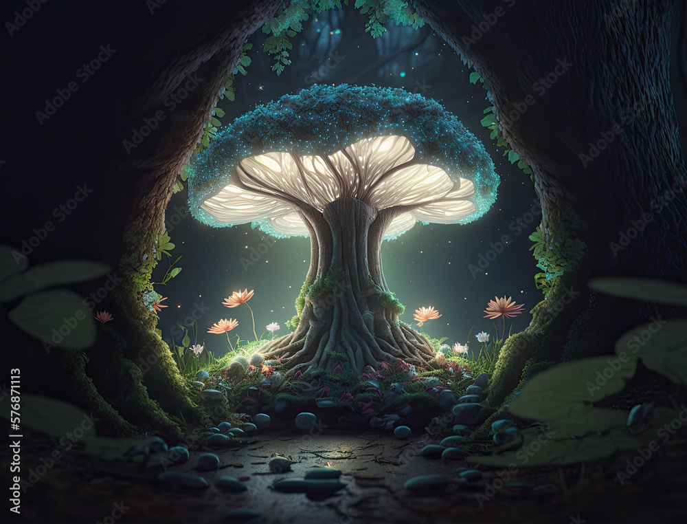 An enchanted forest with a massive tree at the center, glowing mushrooms and fireflies lighting ...