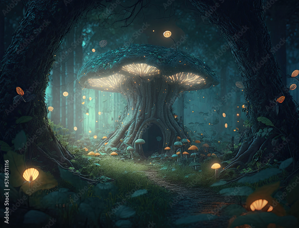 An enchanted forest with a massive tree at the center, glowing mushrooms and fireflies lighting ...
