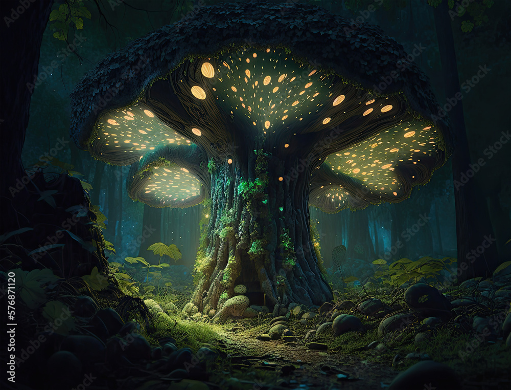 An enchanted forest with a massive tree at the center, glowing mushrooms and fireflies lighting ...