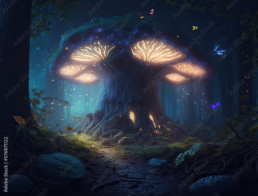 An enchanted forest with a massive tree at the center, glowing mushrooms and fireflies lighting ...