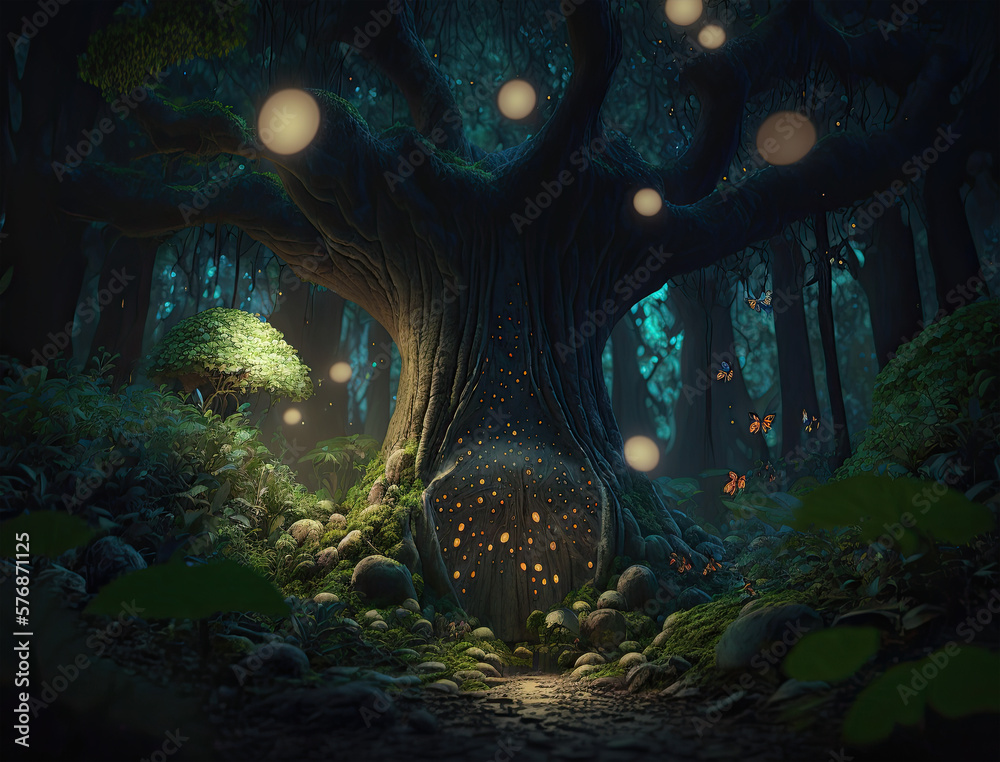 An enchanted forest with a massive tree at the center, glowing mushrooms and fireflies lighting ...