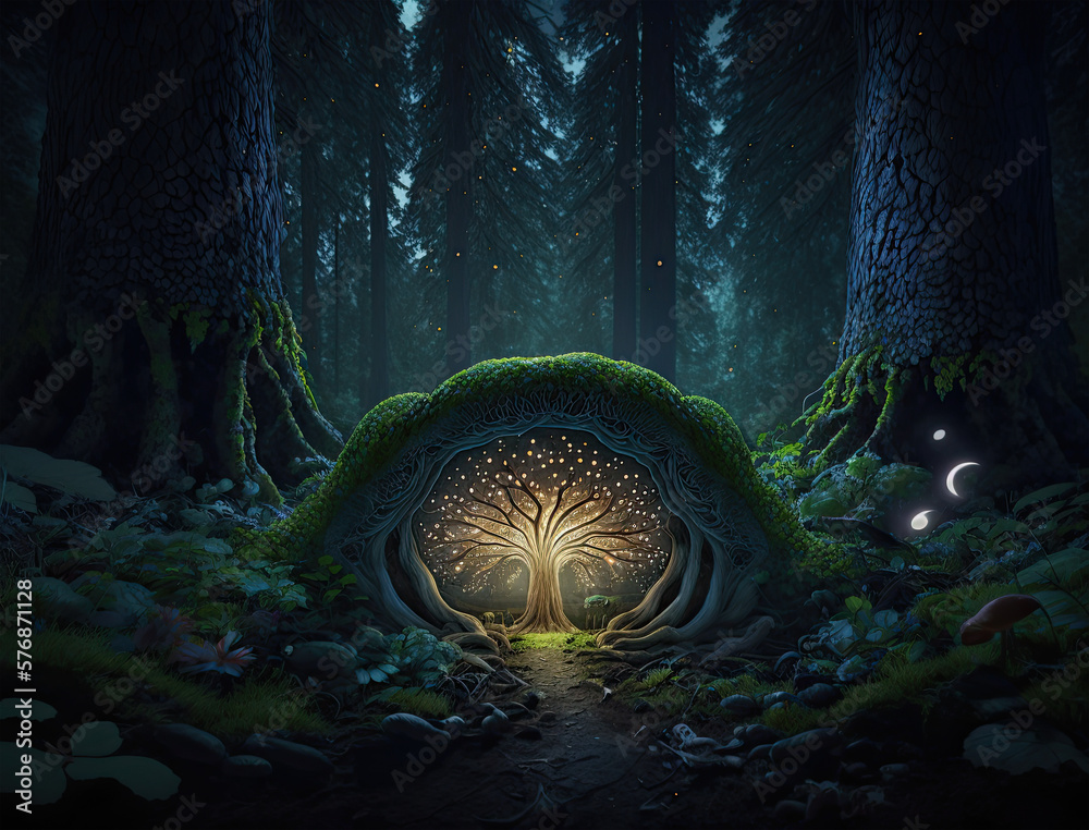 An enchanted forest with a massive tree at the center, glowing mushrooms and fireflies lighting ...