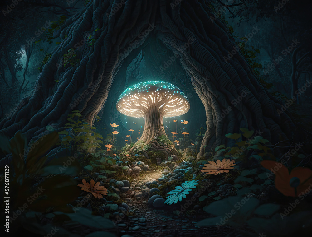 An enchanted forest with a massive tree at the center, glowing mushrooms and fireflies lighting ...