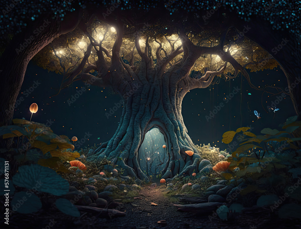 An enchanted forest with a massive tree at the center, glowing mushrooms and fireflies lighting ...