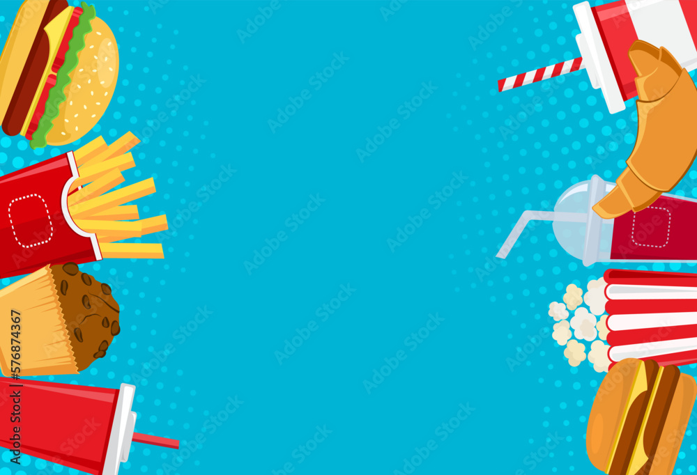Fast food menu banner, comic background, hamburger, cake, friend fries ...