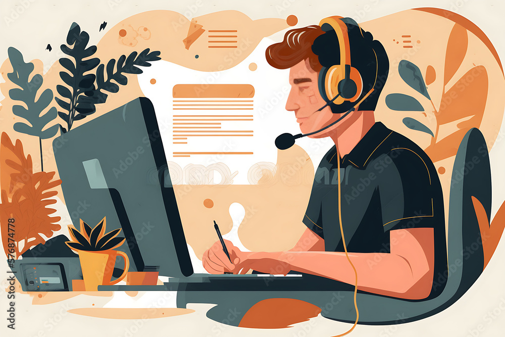 Flat vector illustration Male student wearing headset, conference video ...