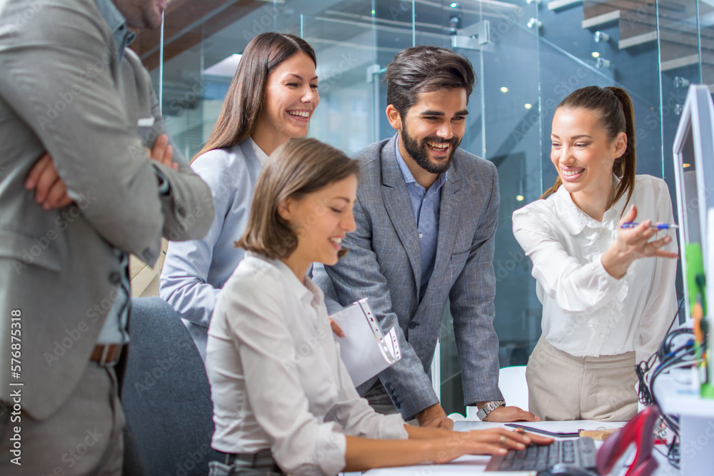 Large group of confidence business people laughing while checking ...