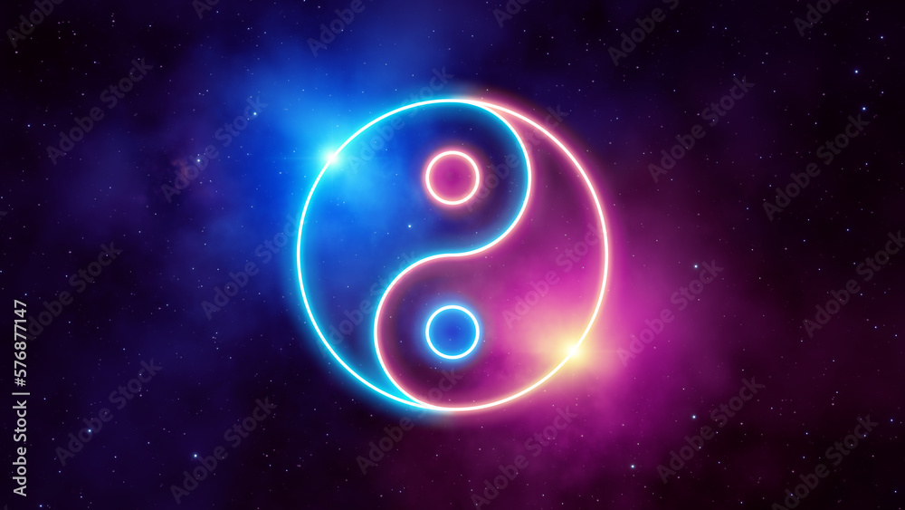 Yin Yang neon light symbol in blue and pink colors on a background of ...