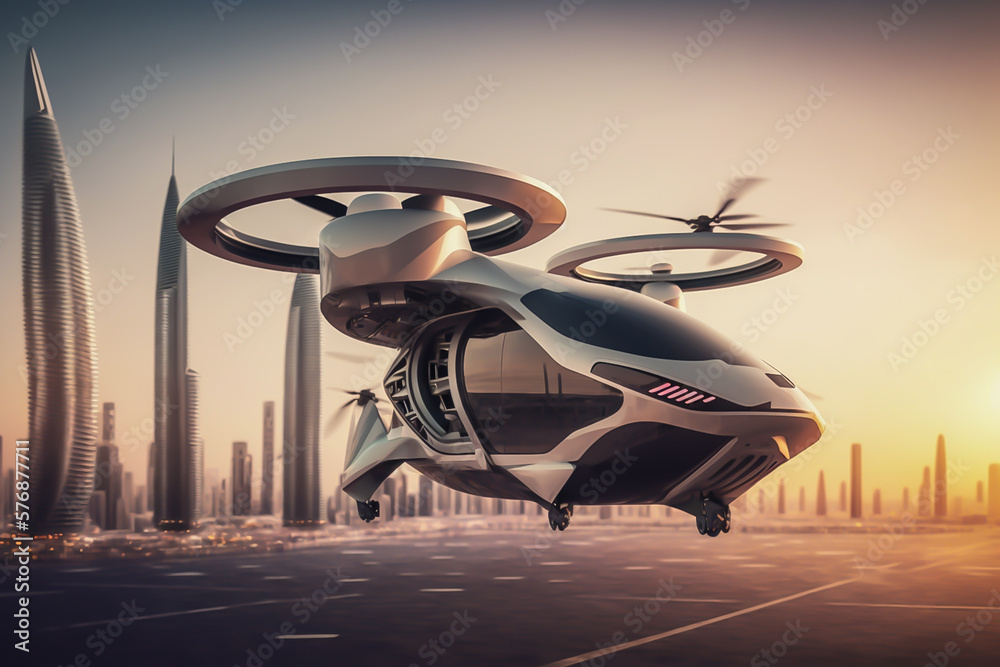 Drone taxi flying between buildings in city, Future transportation ...