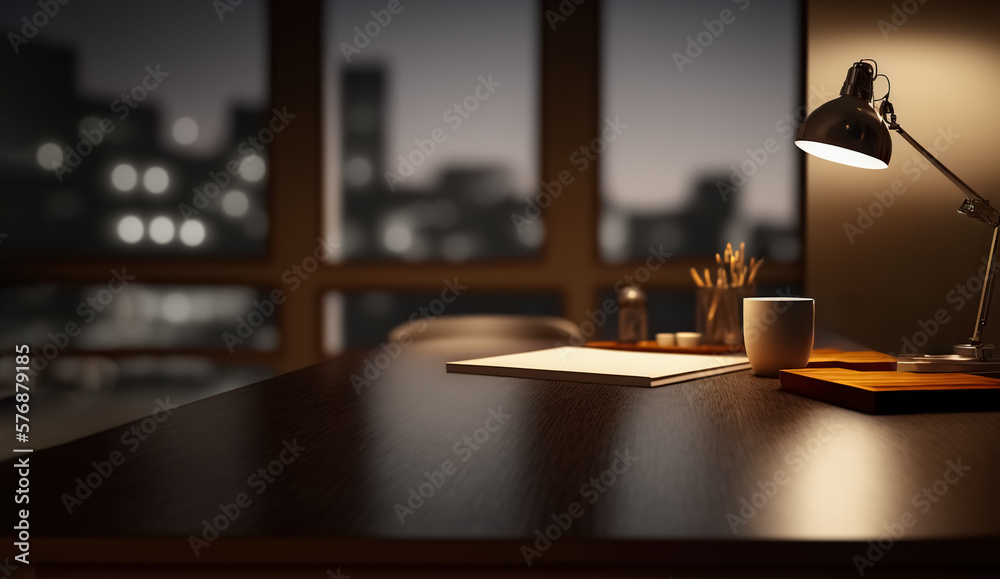 Dark workspace tabletop, blurred modern dark bokeh office on background ...