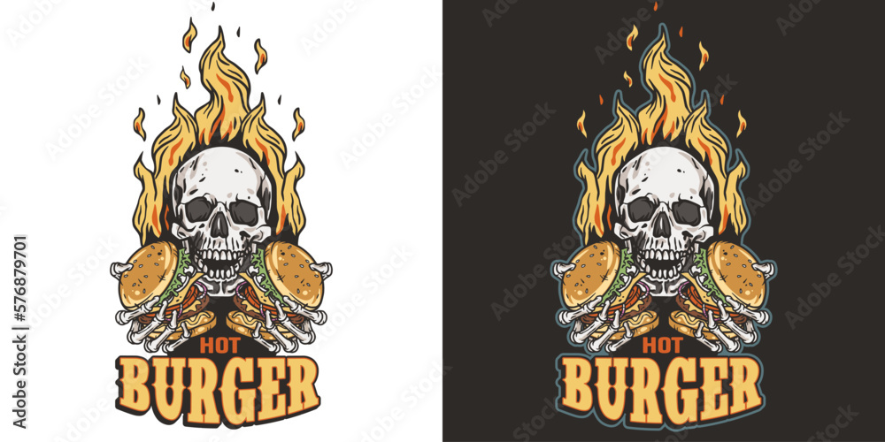 Burning skeleton with burger in hands. Skull in fire and hamburger with ...