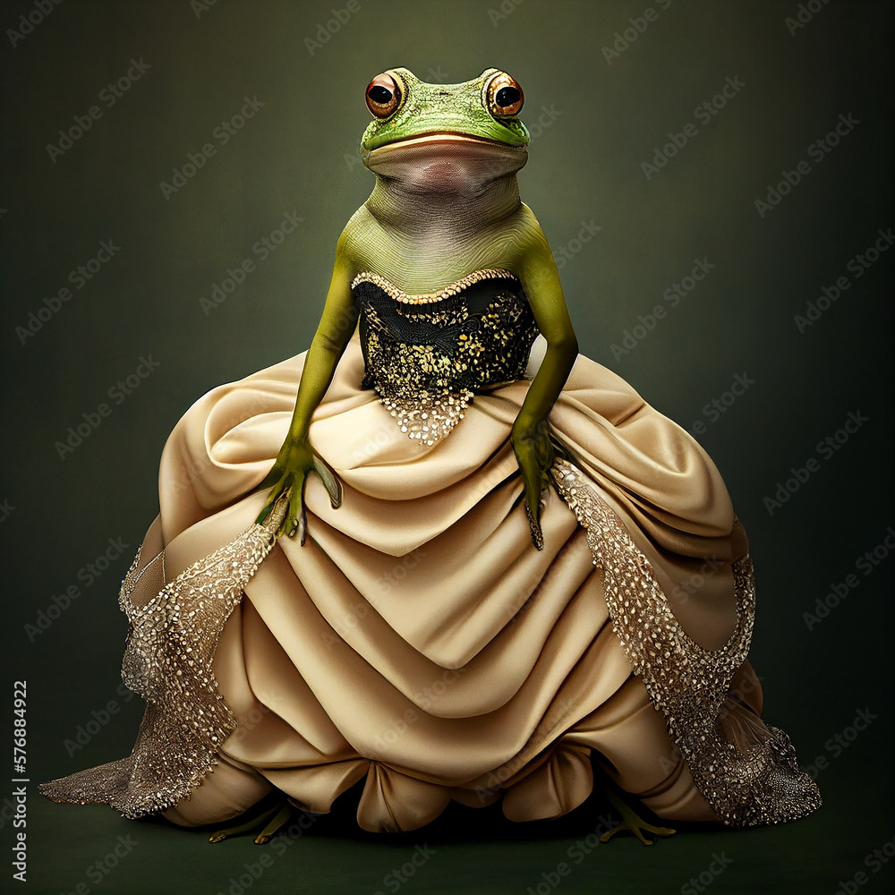 Realistic lifelike glam toad frog in black tie cocktail dress ball gala ...