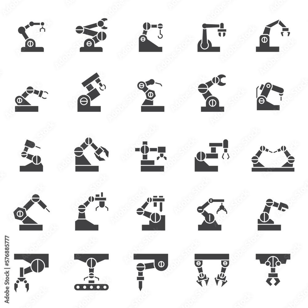 Industrial robot, icon set. Mechanical hydraulic robotic arm for ... Industrial robot, icon set. Mechanical hydraulic robotic arm for ...