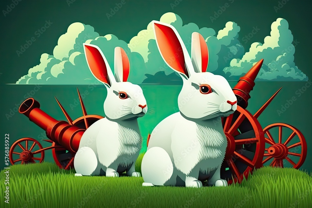 Here we have a pair of cannons On the lush grass, white rabbits relax ...