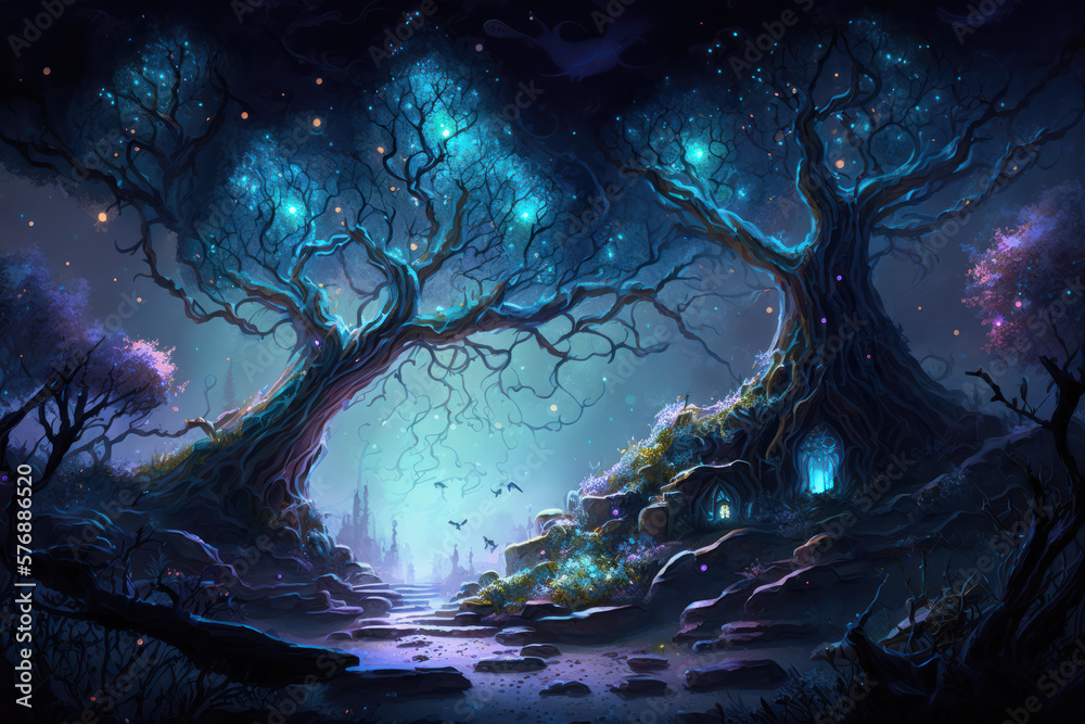 Fairy tale enchanted forest illuminated by bioluminescence with big ...