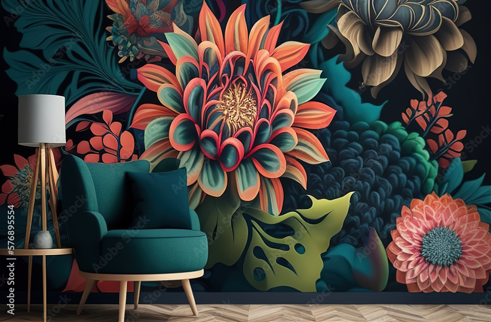 Elegant 3D floral wallpaper with a seamless damask pattern, featuring a ...