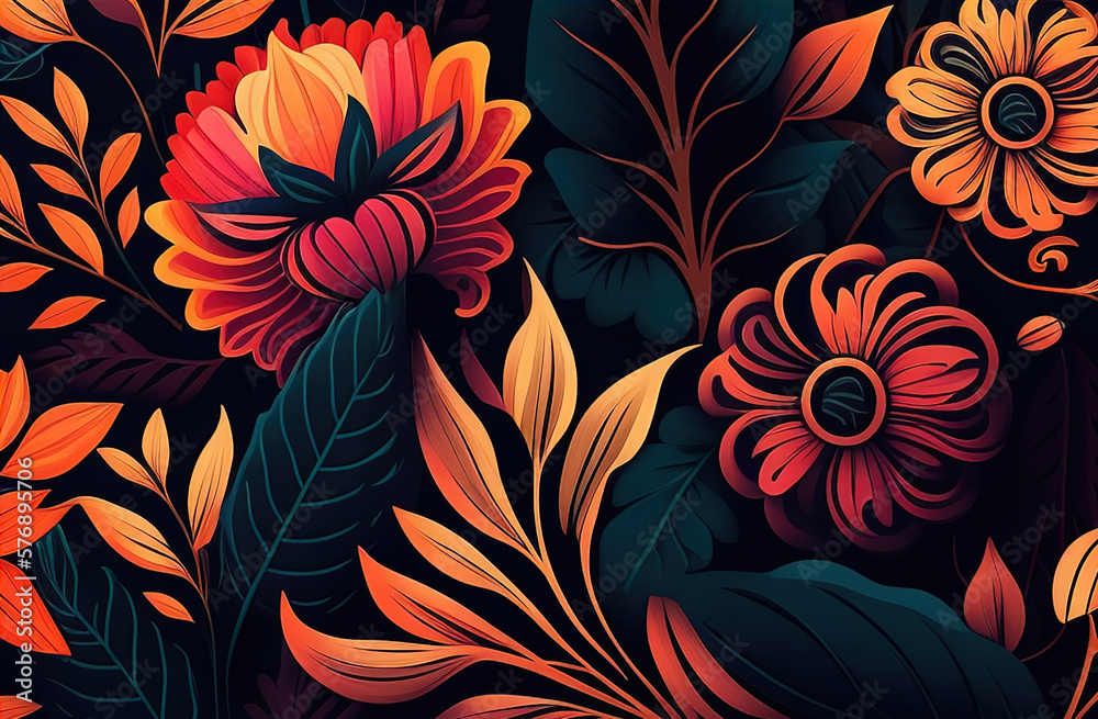 Elegant vibrant floral wallpaper with a seamless damask pattern ...