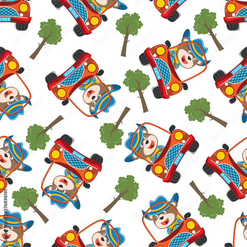 Seamless pattern of cute little fox driving a car go to forest funny ...