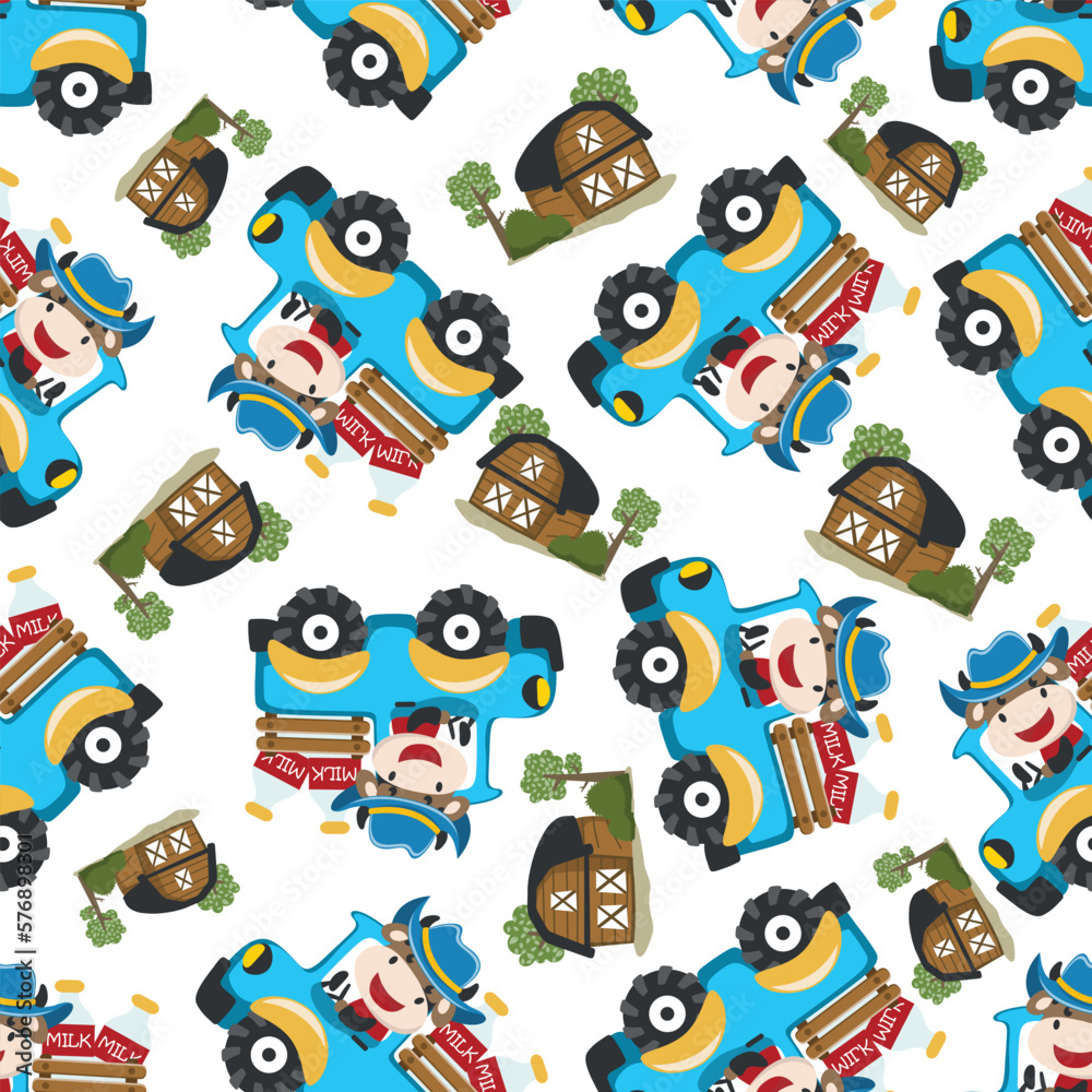 Seamless pattern of cute little fox driving a car go to forest funny ...