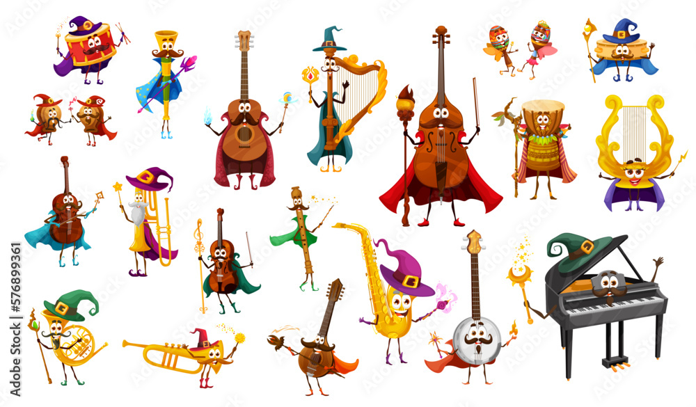 Cartoon musical instrument wizard, warlock, fairy and witch, magician ...