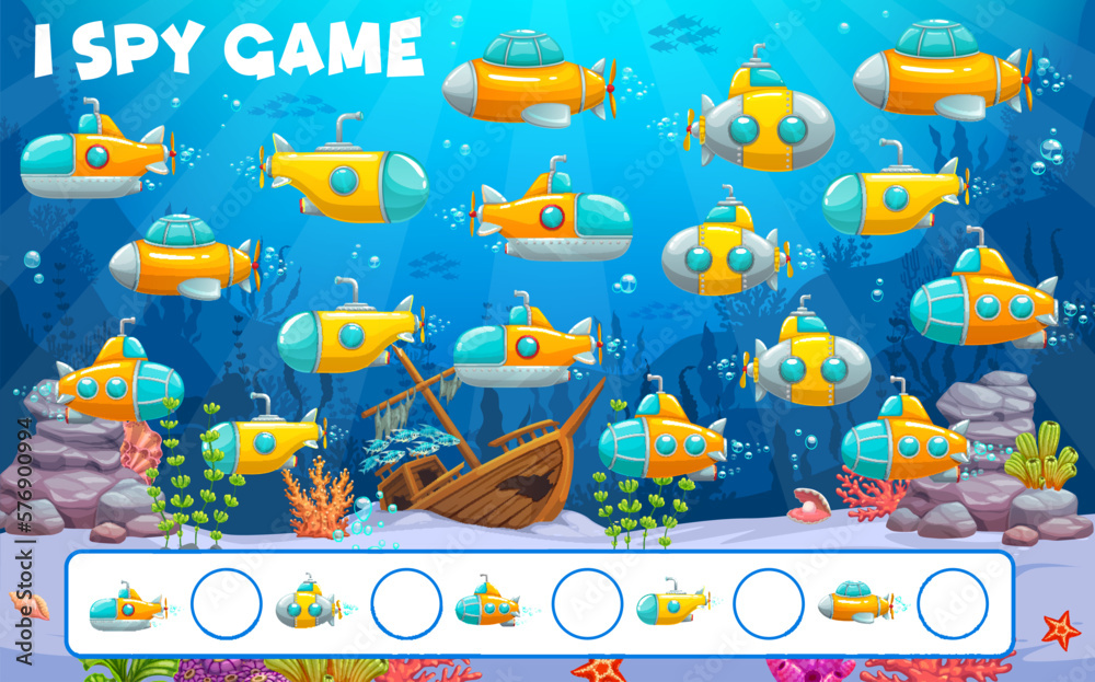 Cartoon underwater submarine and bathyscaphe i spy game worksheet. Kids ...