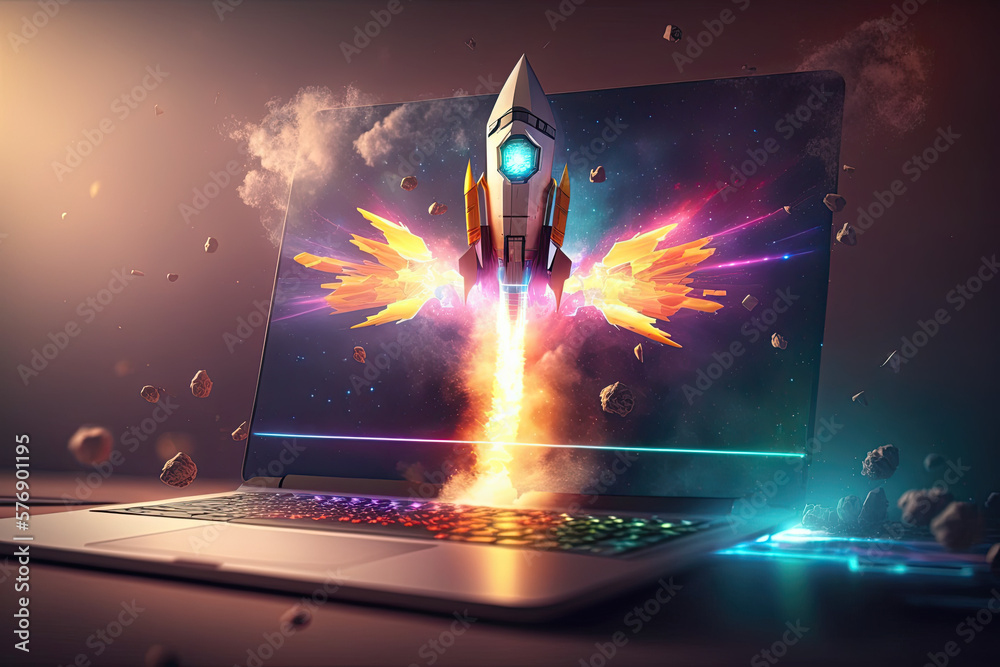Rocket illustration popping out of laptop screen. Generative AI Stock ...